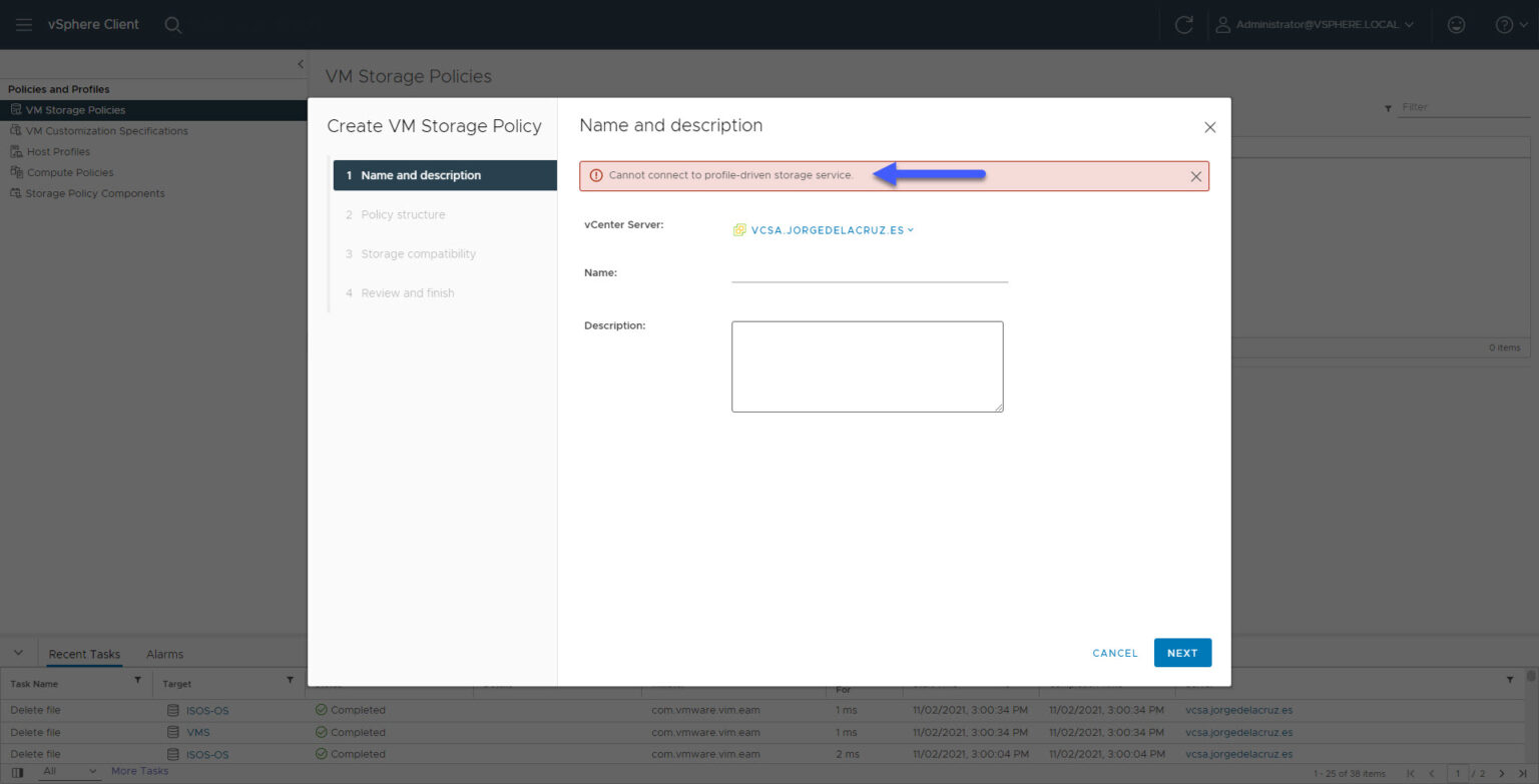 VMware: Fixing annoying error Cannot connect to profile-driven storage ...