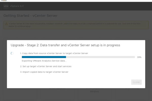VMware: Upgrade vCenter 7.0.3 to 8.0, stucks at 39% - Exporting VMware ...